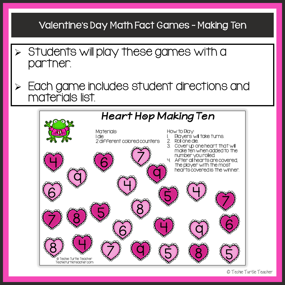 Addition Making Ten Strategy Valentine's Day Math Fact Games: Partner ...