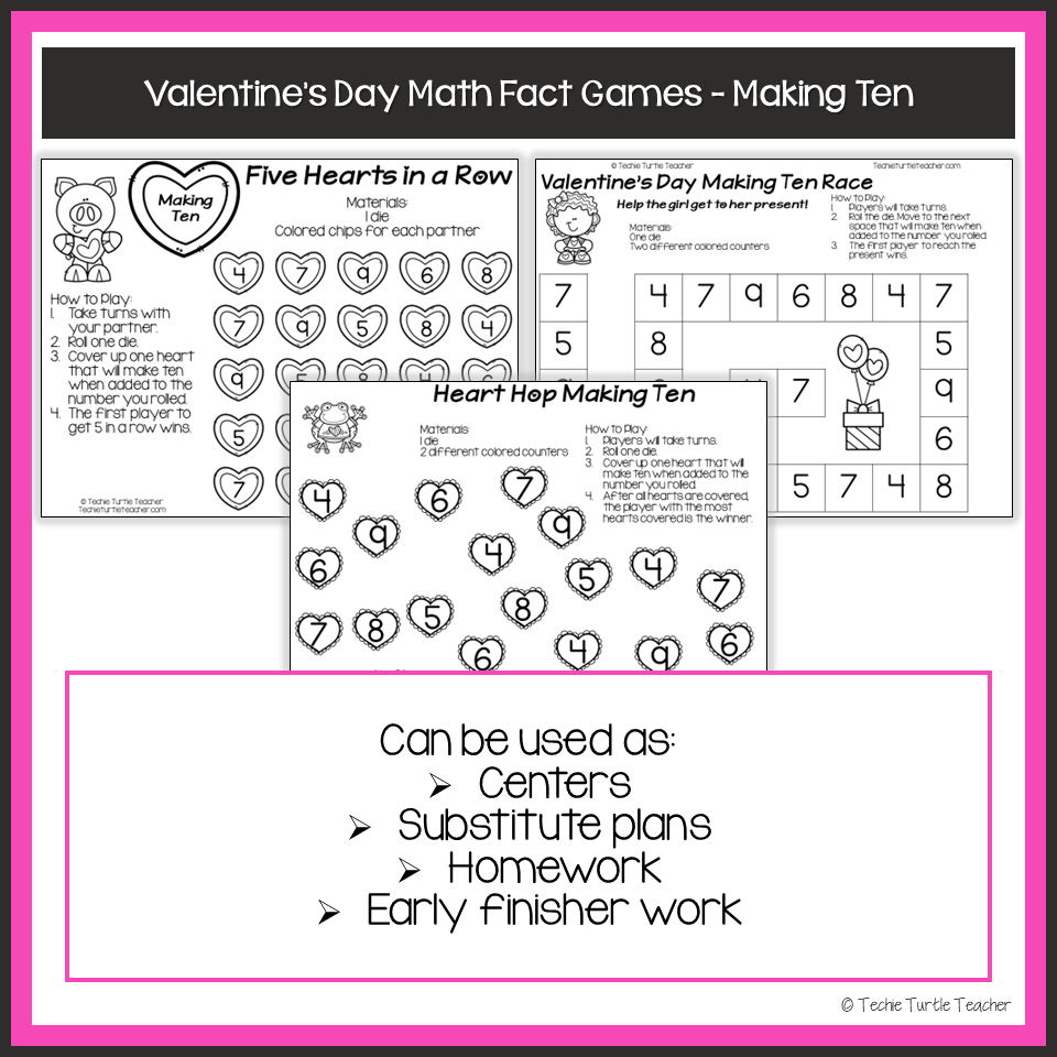 Addition Making Ten Strategy Valentine's Day Math Fact Games: Partner ...