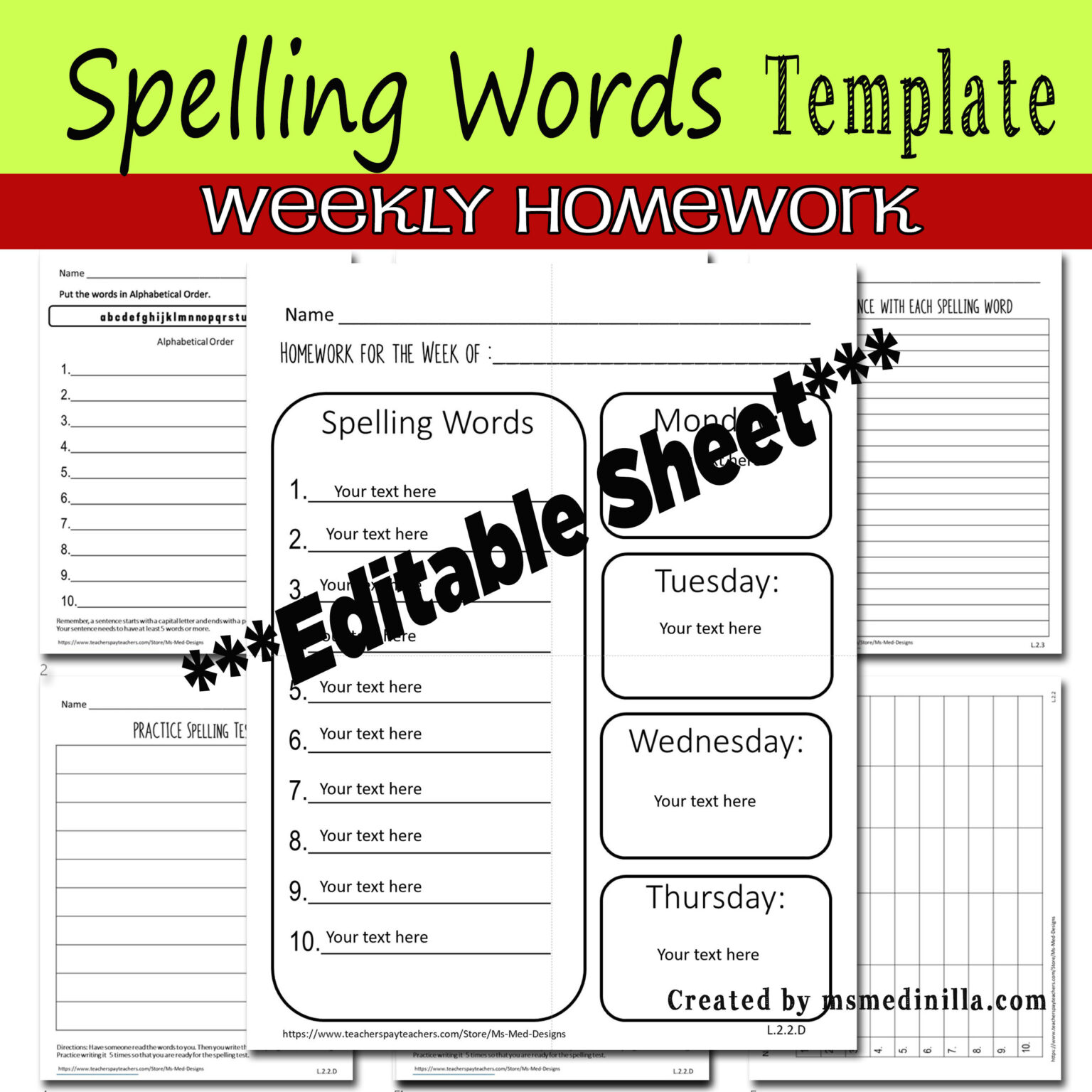 Weekly Spelling Words Homework Sheet Template | Made By Teachers