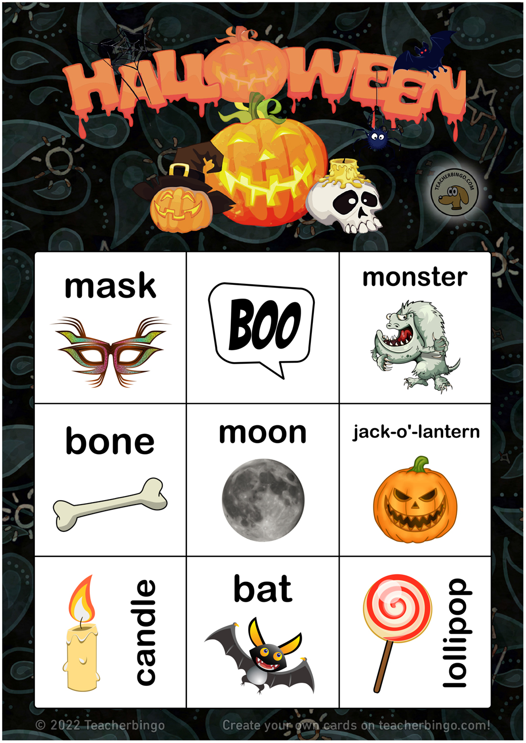 Halloween Bingo Kids 3x3 (5 pages + call sheet) - Made By Teachers