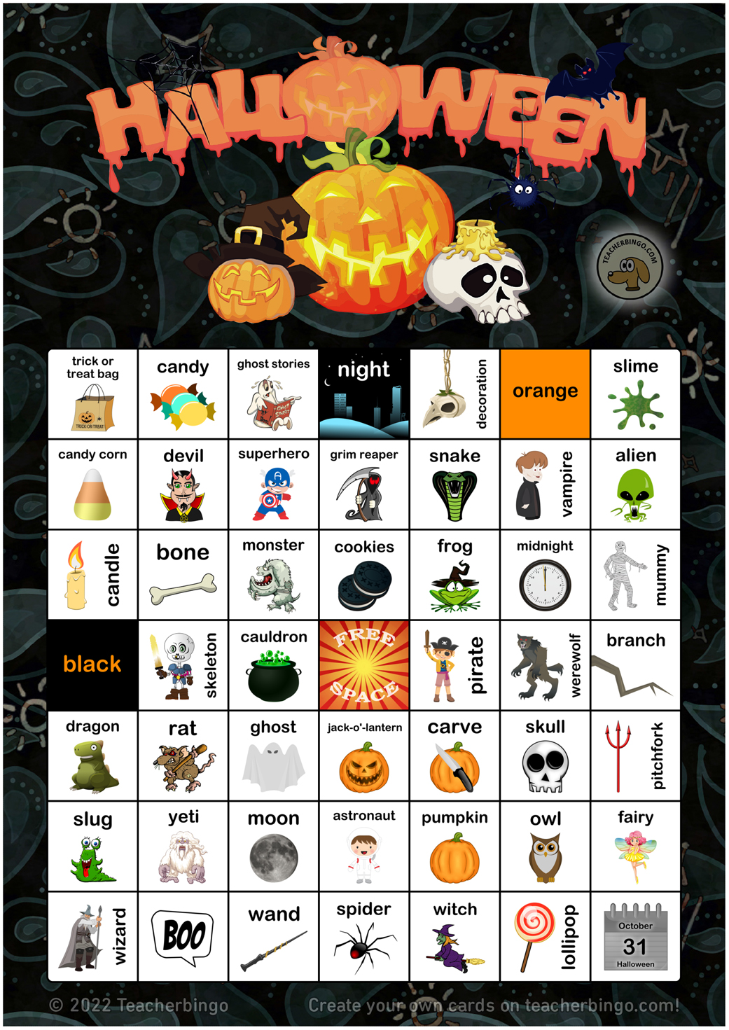Halloween Bingo Kids 7x7 (100 pages + call sheet) | Made By Teachers