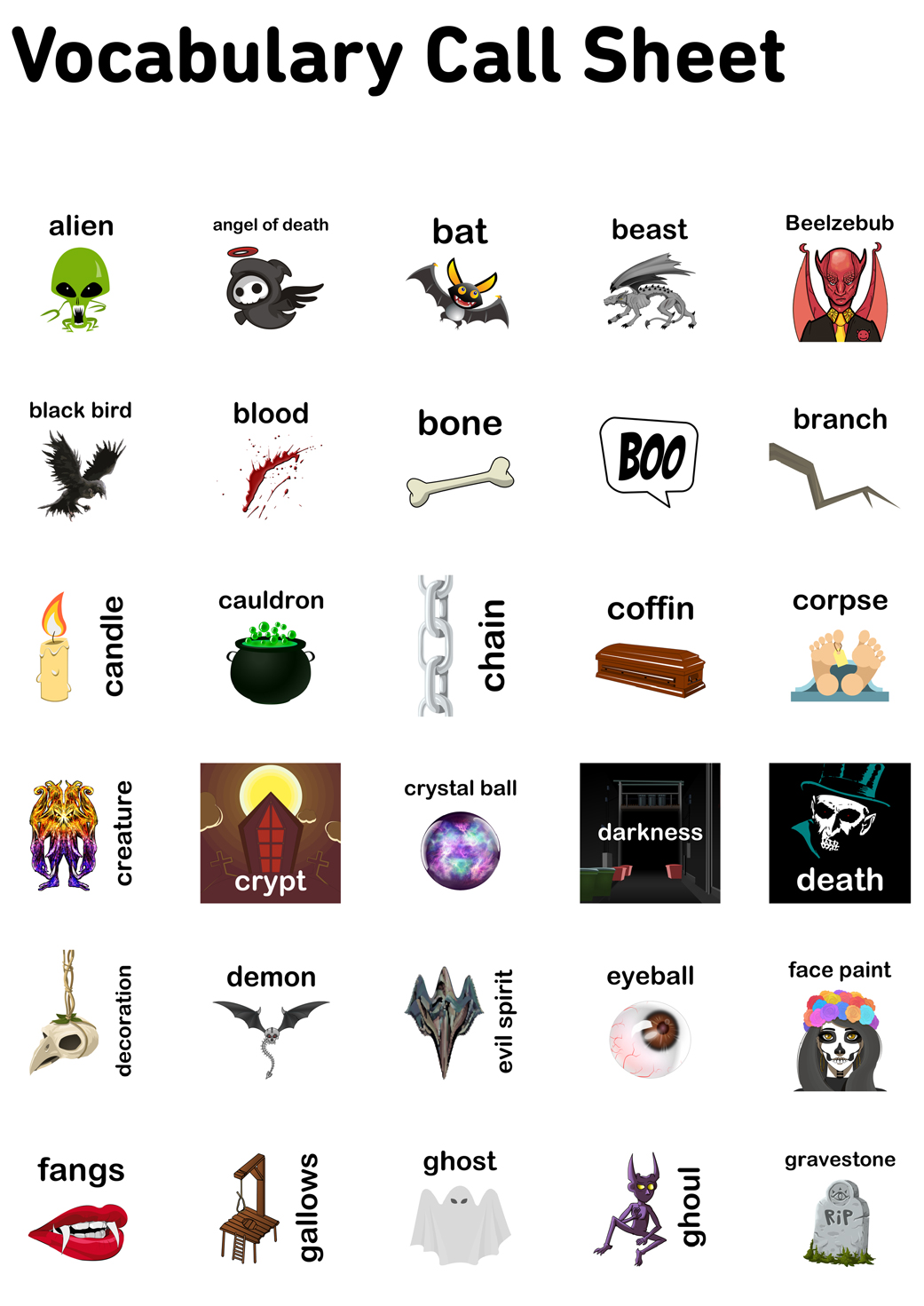 Scary Halloween Bingo 6x6 (5 pages + call sheet) | Made By Teachers