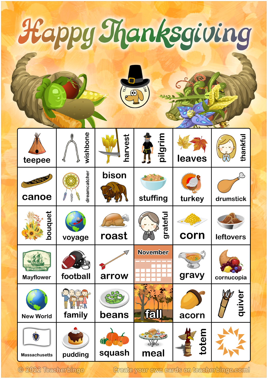Thanksgiving Bingo Historical 4x4 (5 pages + call sheet) | Made By Teachers