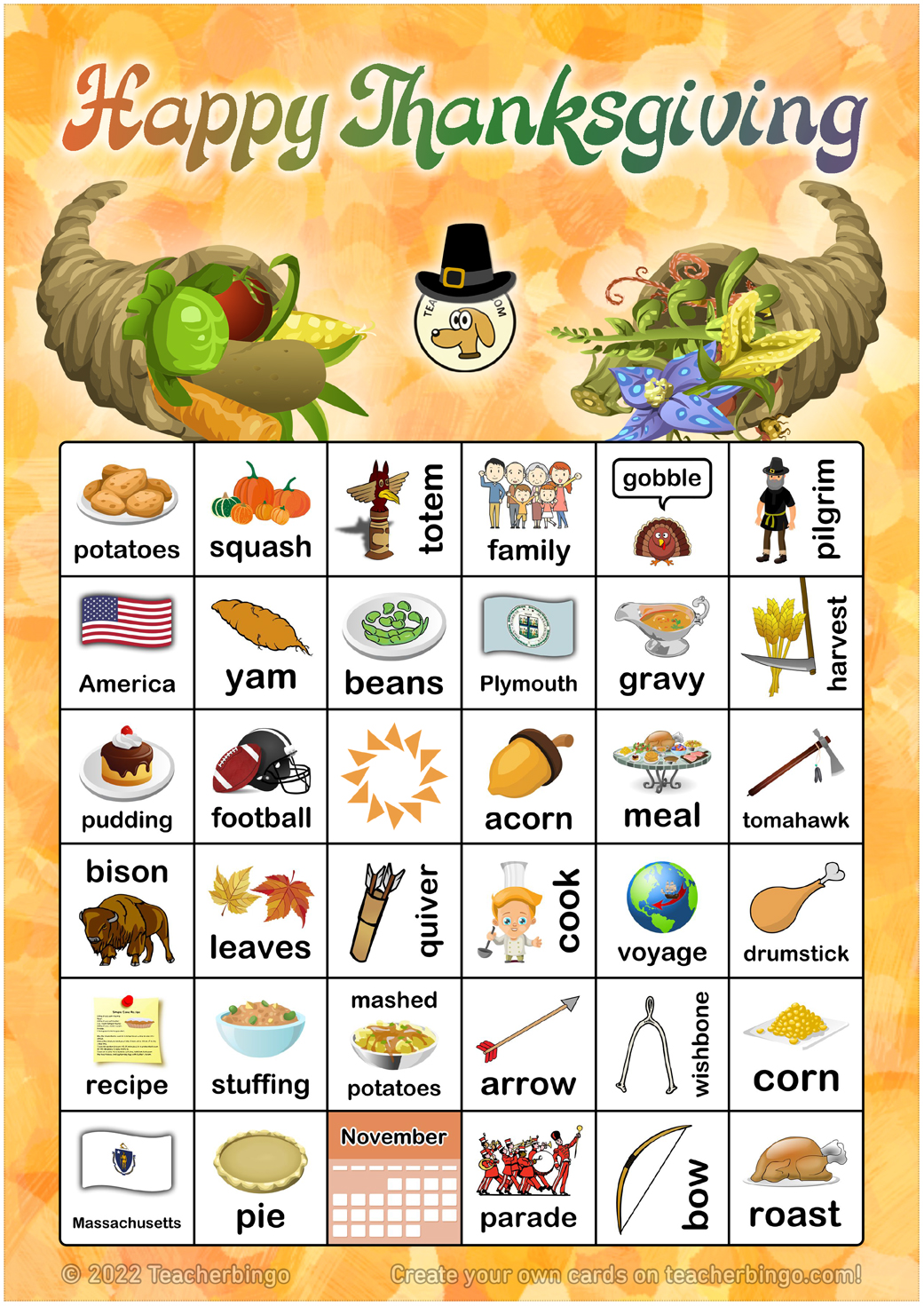 Thanksgiving Bingo 6x6 (5 pages + call sheet) | Made By Teachers