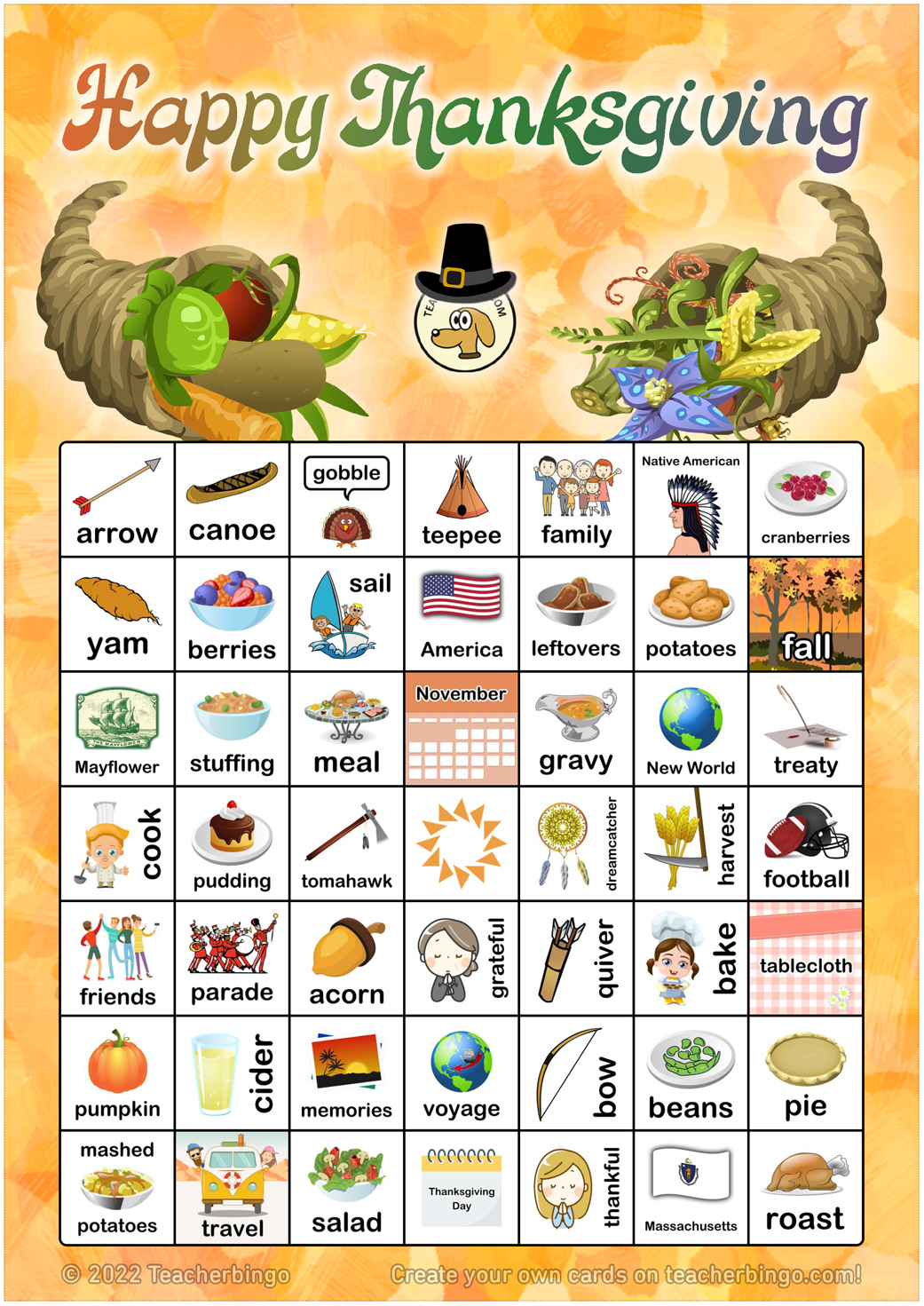Thanksgiving Bingo 7x7 (100 pages + call sheet) | Made By Teachers