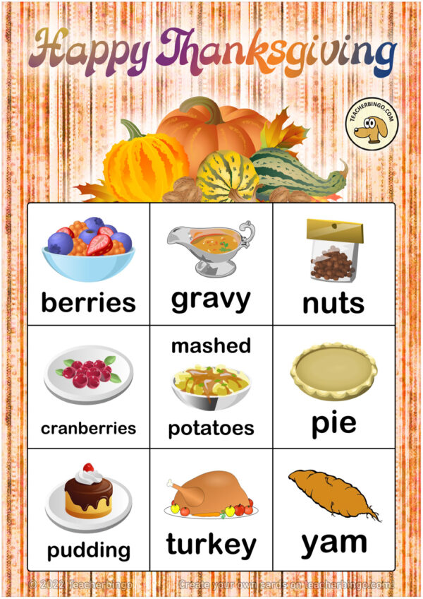Thanksgiving Food Bingo 3x3 (5 pages + call sheet) | Made By Teachers