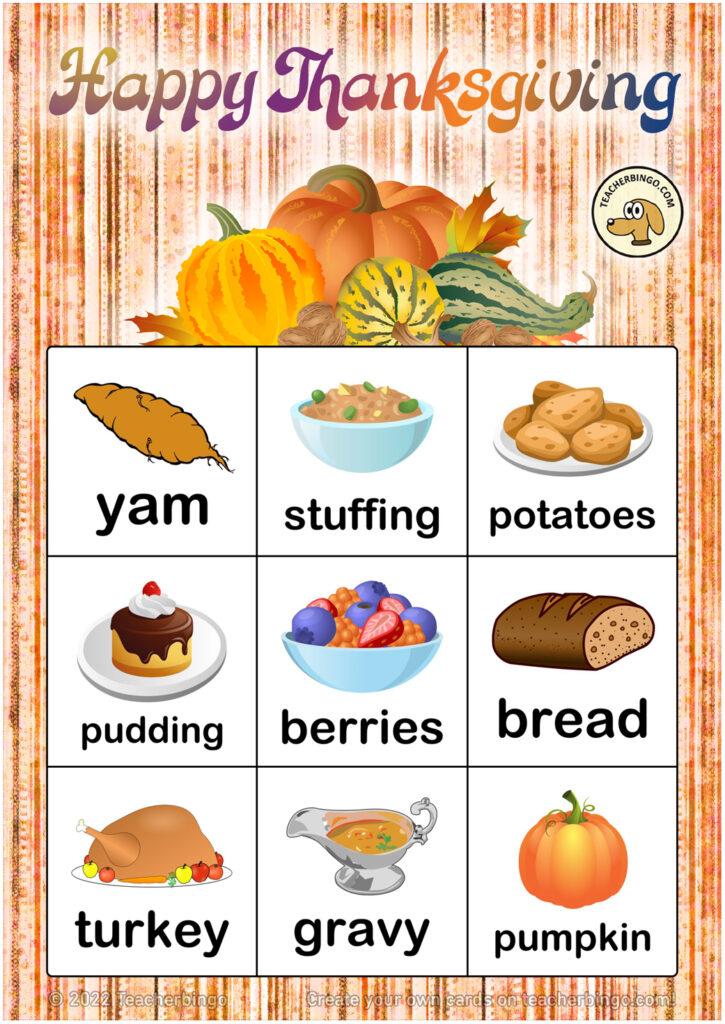 Thanksgiving Food Bingo 3x3 (5 pages + call sheet) | Made By Teachers