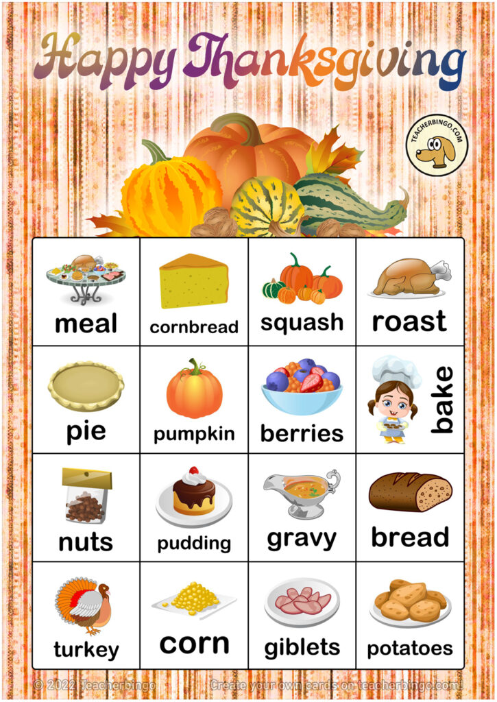 Thanksgiving Food Bingo 3x3 (100 pages + call sheet) | Made By Teachers