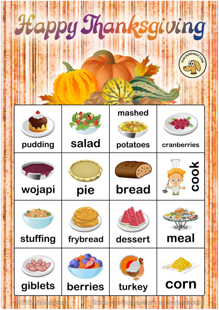 Thanksgiving Food Bingo 4x4 (5 pages + call sheet) | Made By Teachers