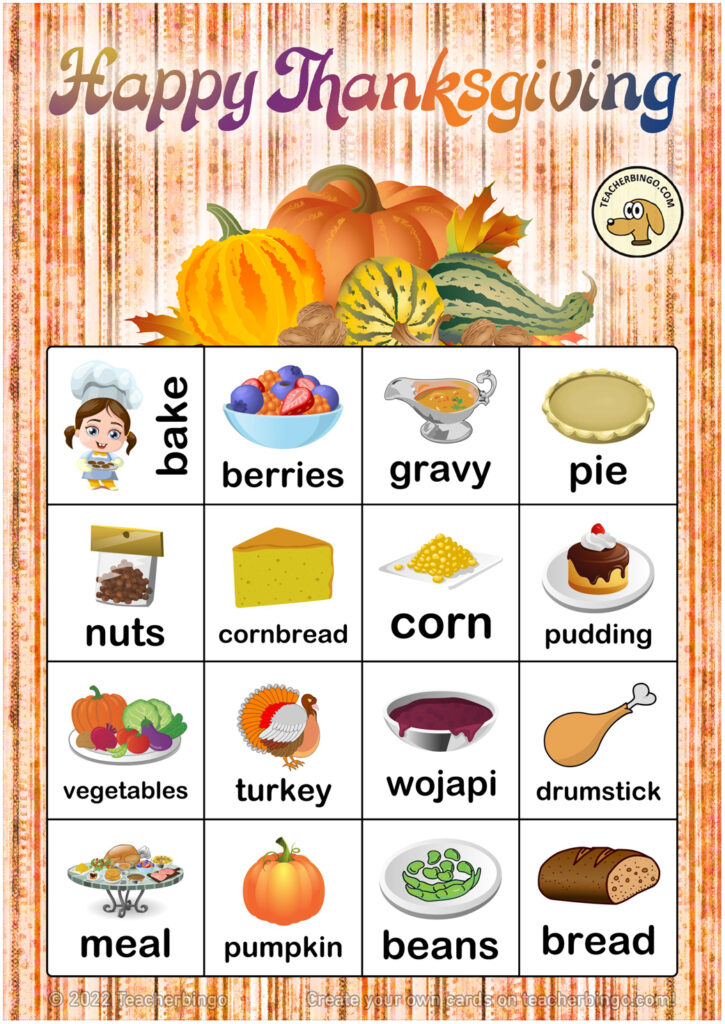 Thanksgiving Food Bingo 4x4 (5 pages + call sheet) | Made By Teachers