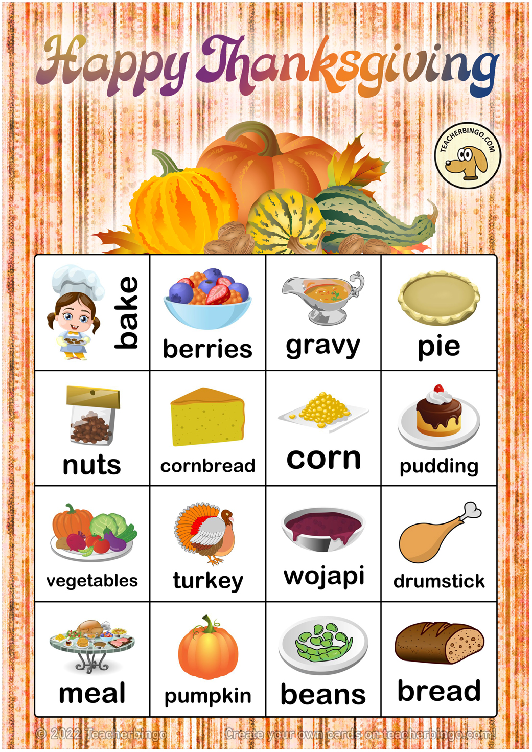 Thanksgiving Food Bingo 4x4 (5 pages + call sheet) | Made By Teachers