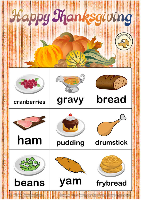 Thanksgiving Food Bingo 3x3 (100 pages + call sheet) | Made By Teachers