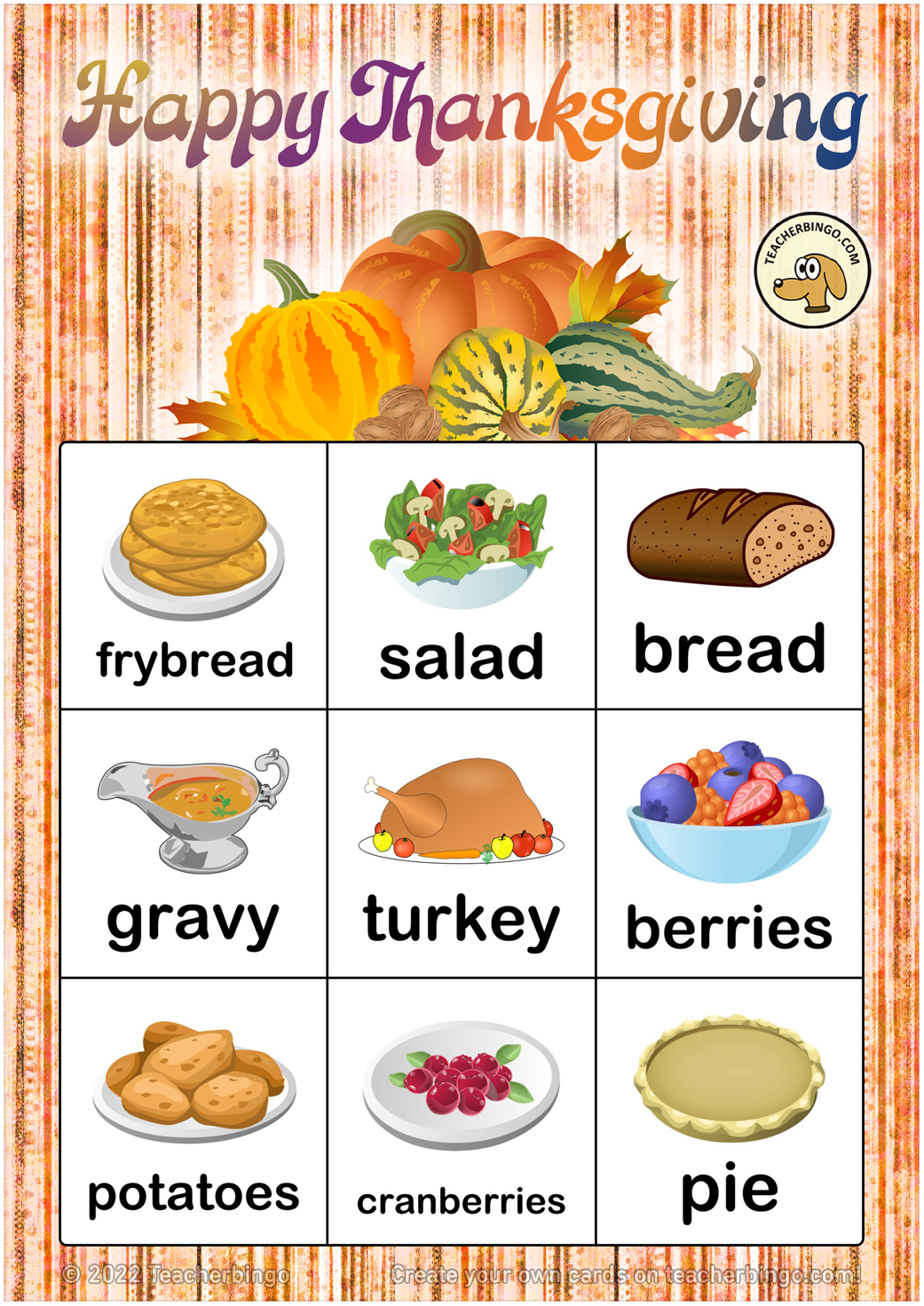Thanksgiving Food Bingo 3x3 (100 pages + call sheet) | Made By Teachers