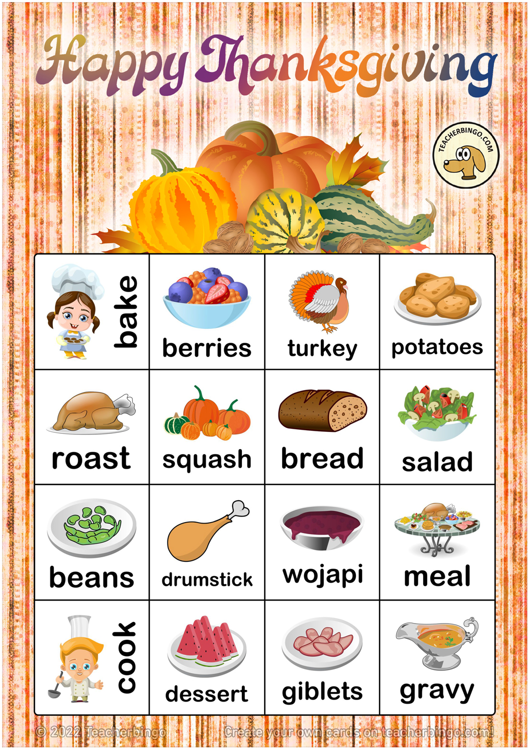 Thanksgiving Food Bingo 4x4 (100 pages + call sheet) | Made By Teachers