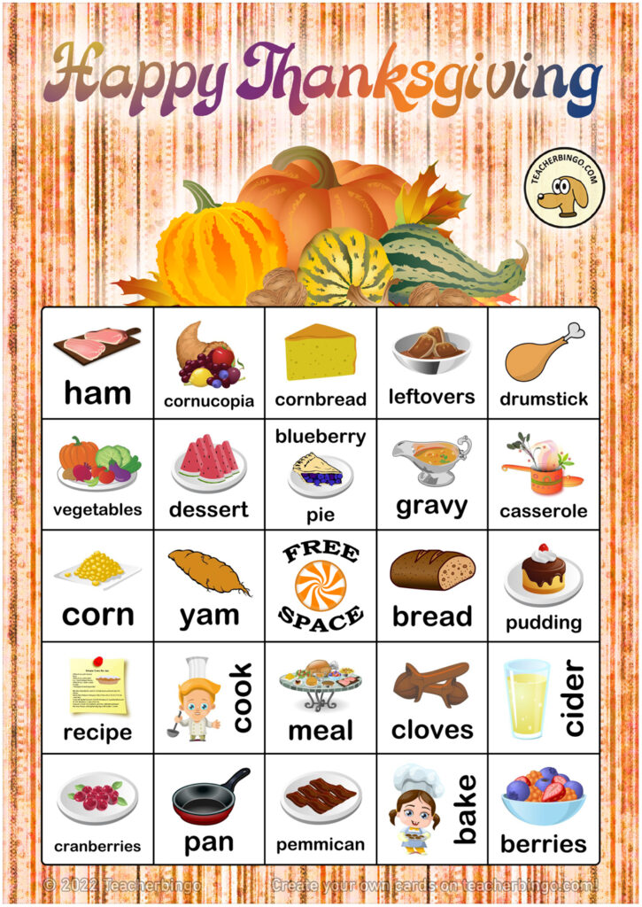 Thanksgiving Food Bingo 5x5 (100 pages + call sheet) | Made By Teachers