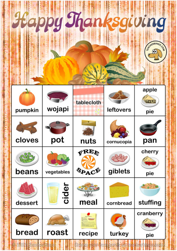 Thanksgiving Food Bingo 5x5 (100 pages + call sheet) | Made By Teachers