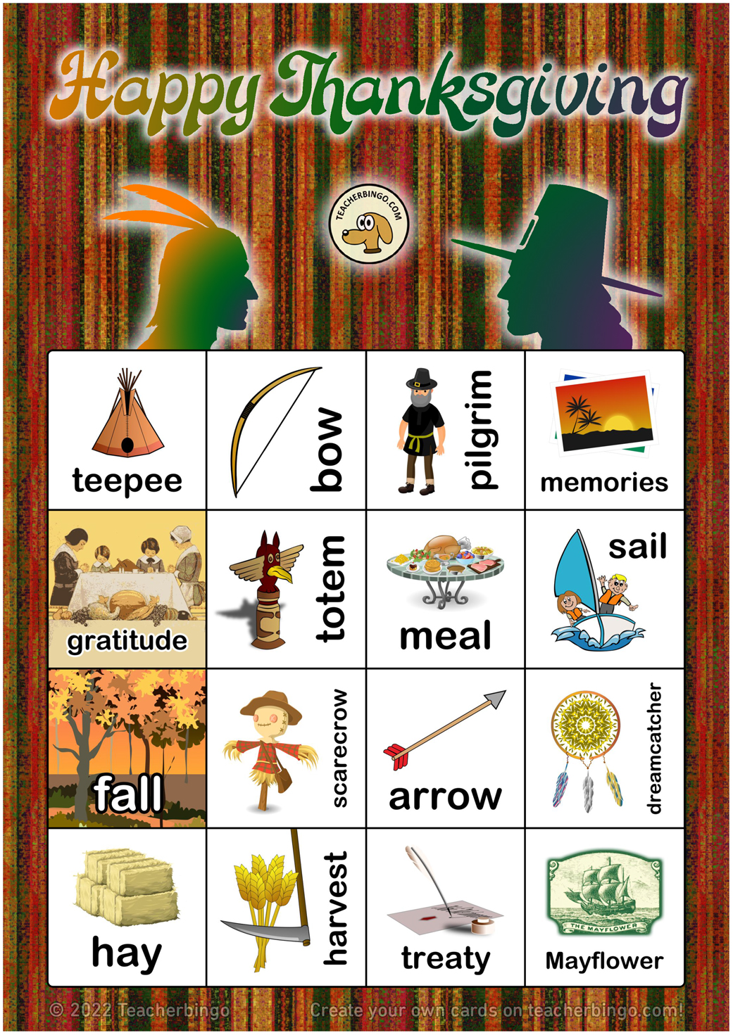 Thanksgiving Bingo Historical 4x4 (5 pages + call sheet) | Made By Teachers