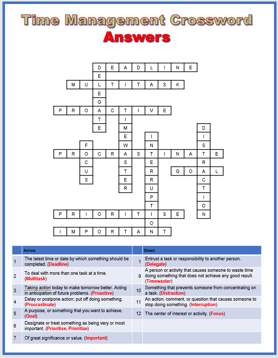 Time Management Crossword Puzzle Digital and Printable | Made By Teachers