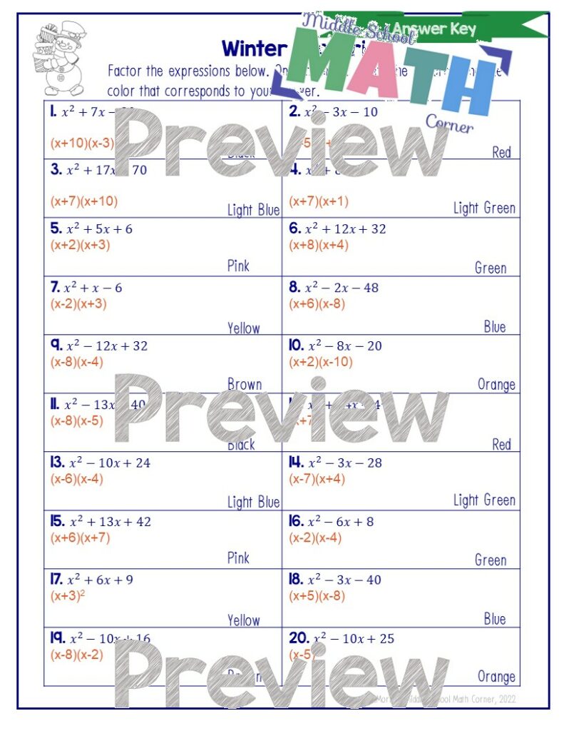 Christmas and Winter Factoring Polynomials, Polynomial Expressions a=1 ...