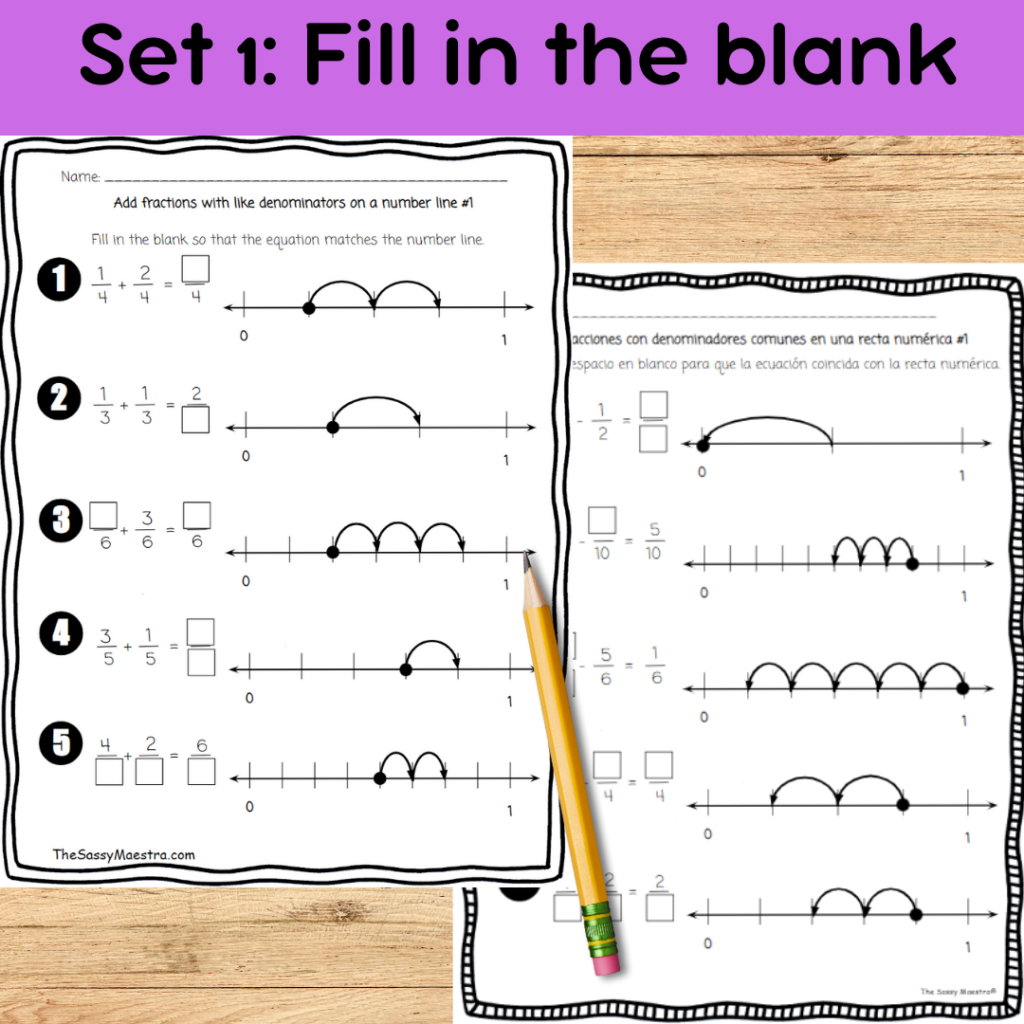 Bilingual Bundle: Add fractions on a number line English & Spanish 4th ...
