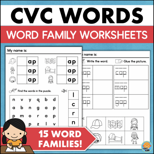 CVC Word Families Worksheets Word Search Read Trace Spell Cut Glue ...