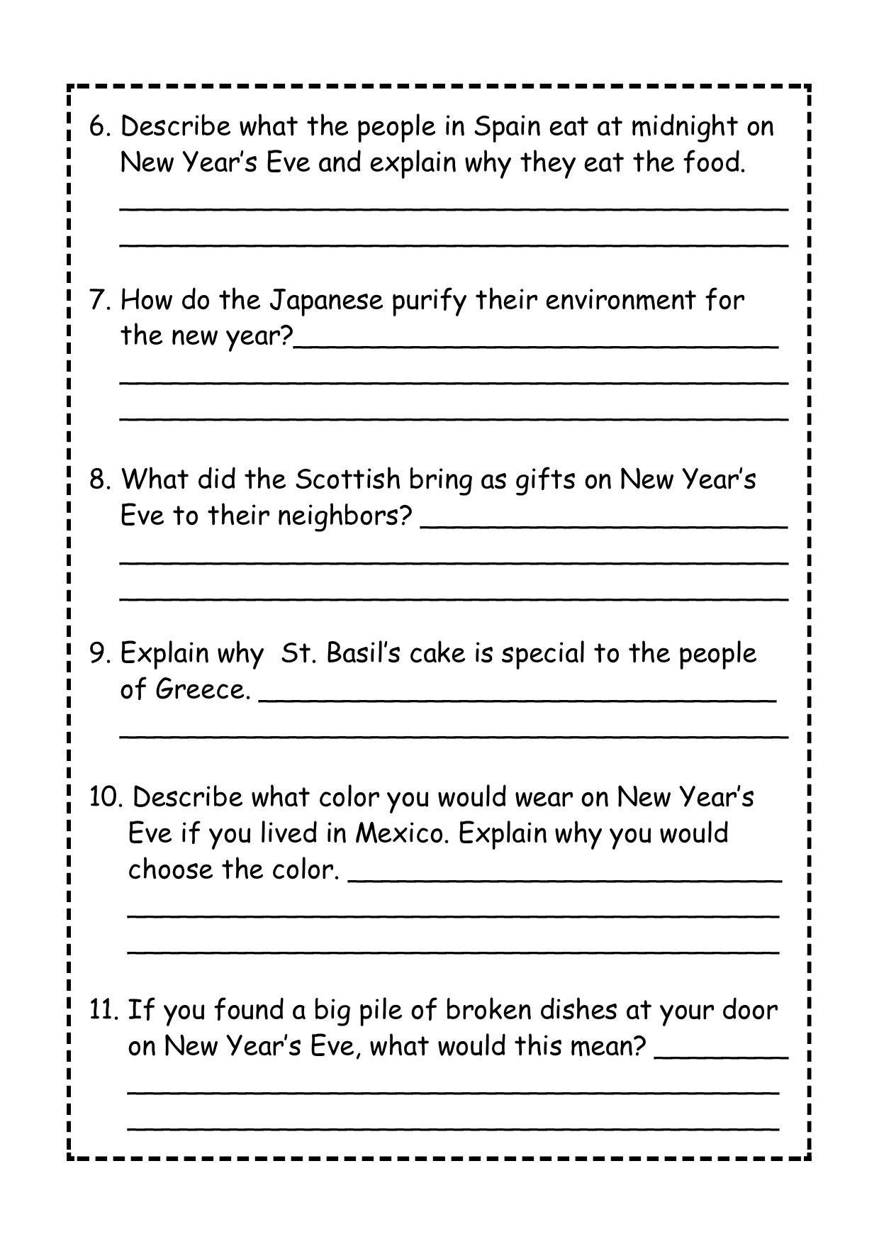New Year's Celebrations Reading Comprehension Passage - Made By Teachers
