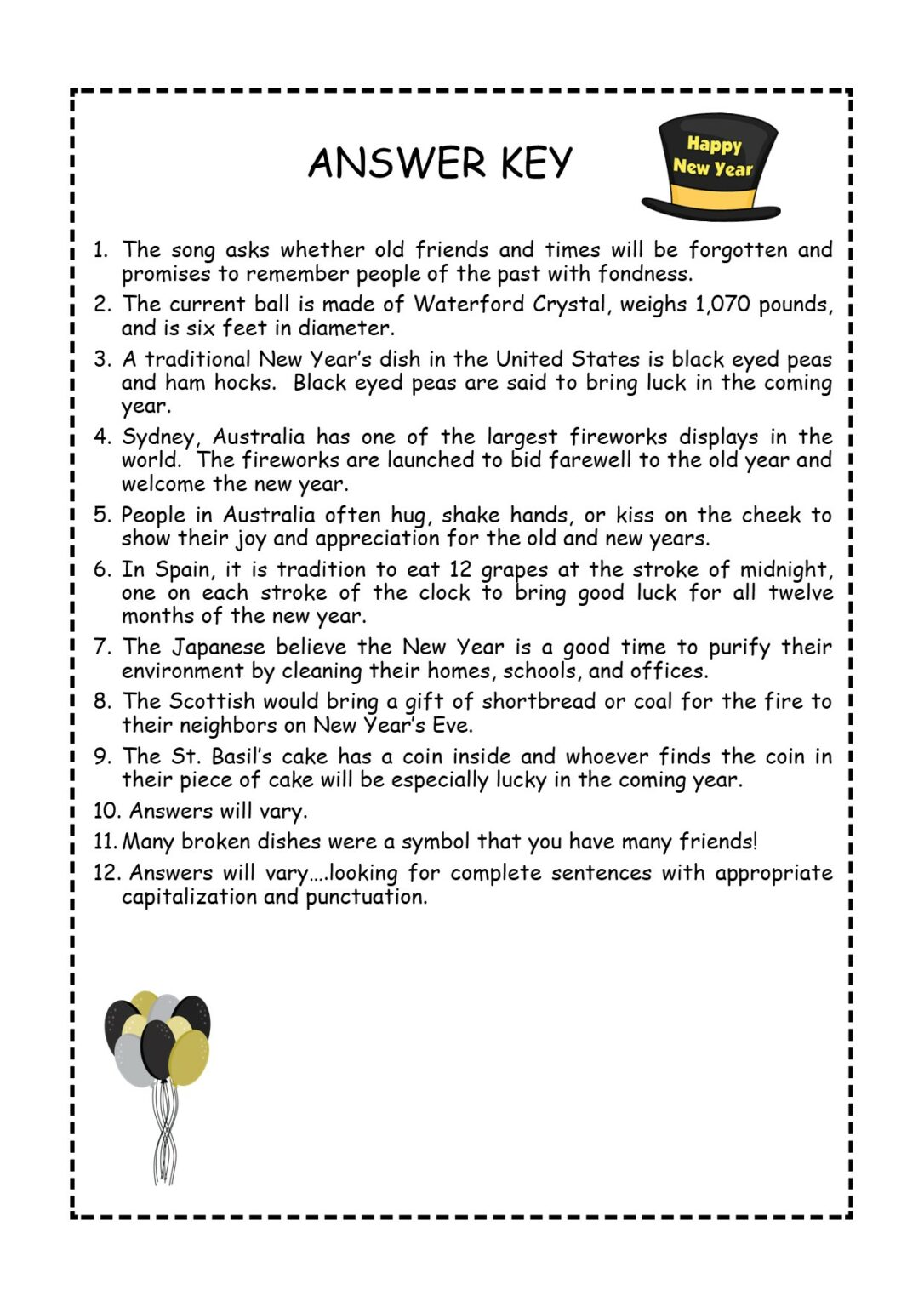 New Year's Celebrations Reading Comprehension Passage | Made By Teachers