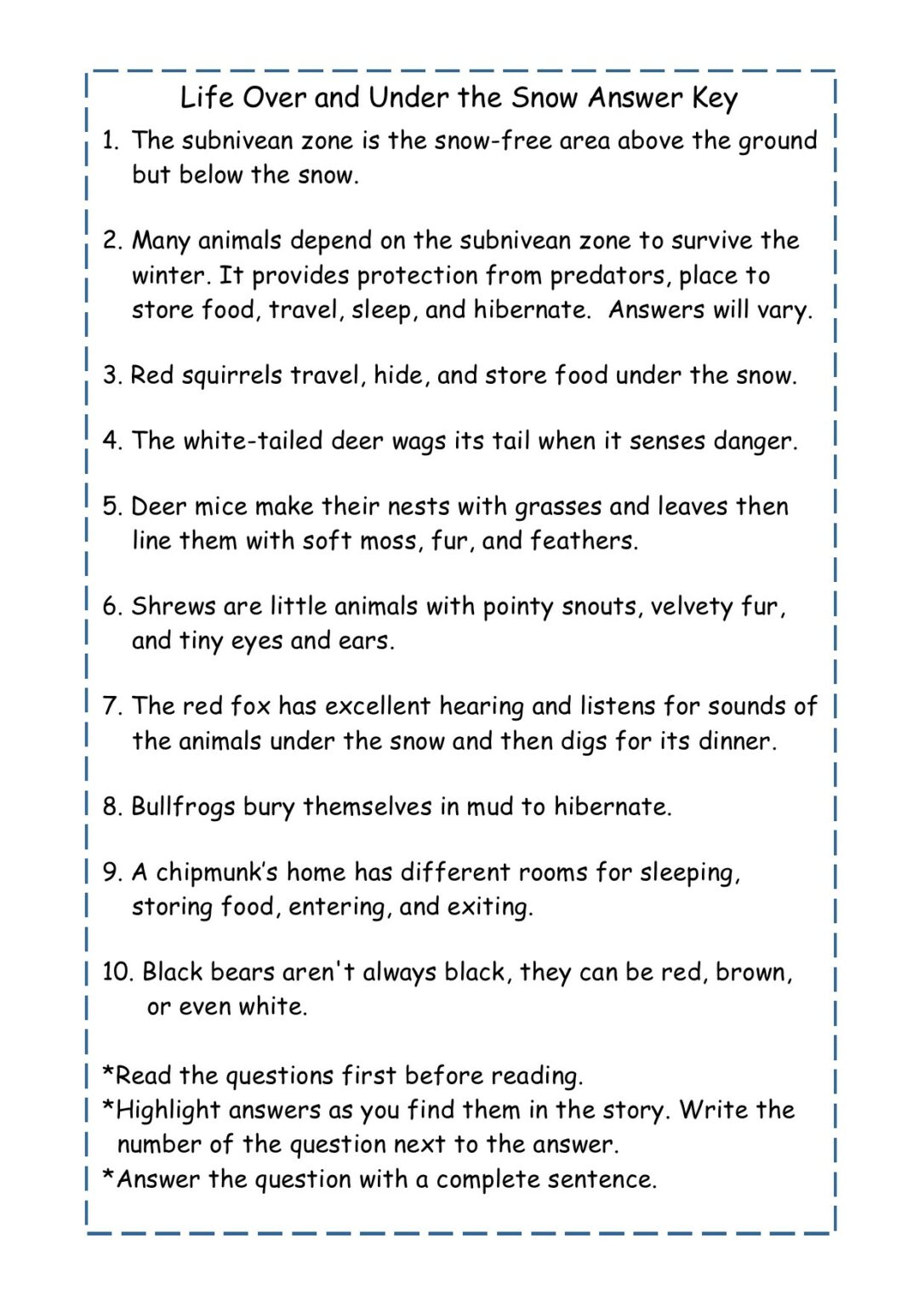 Over and Under the Snow Comprehension Main Idea Summarize Vocabulary ...
