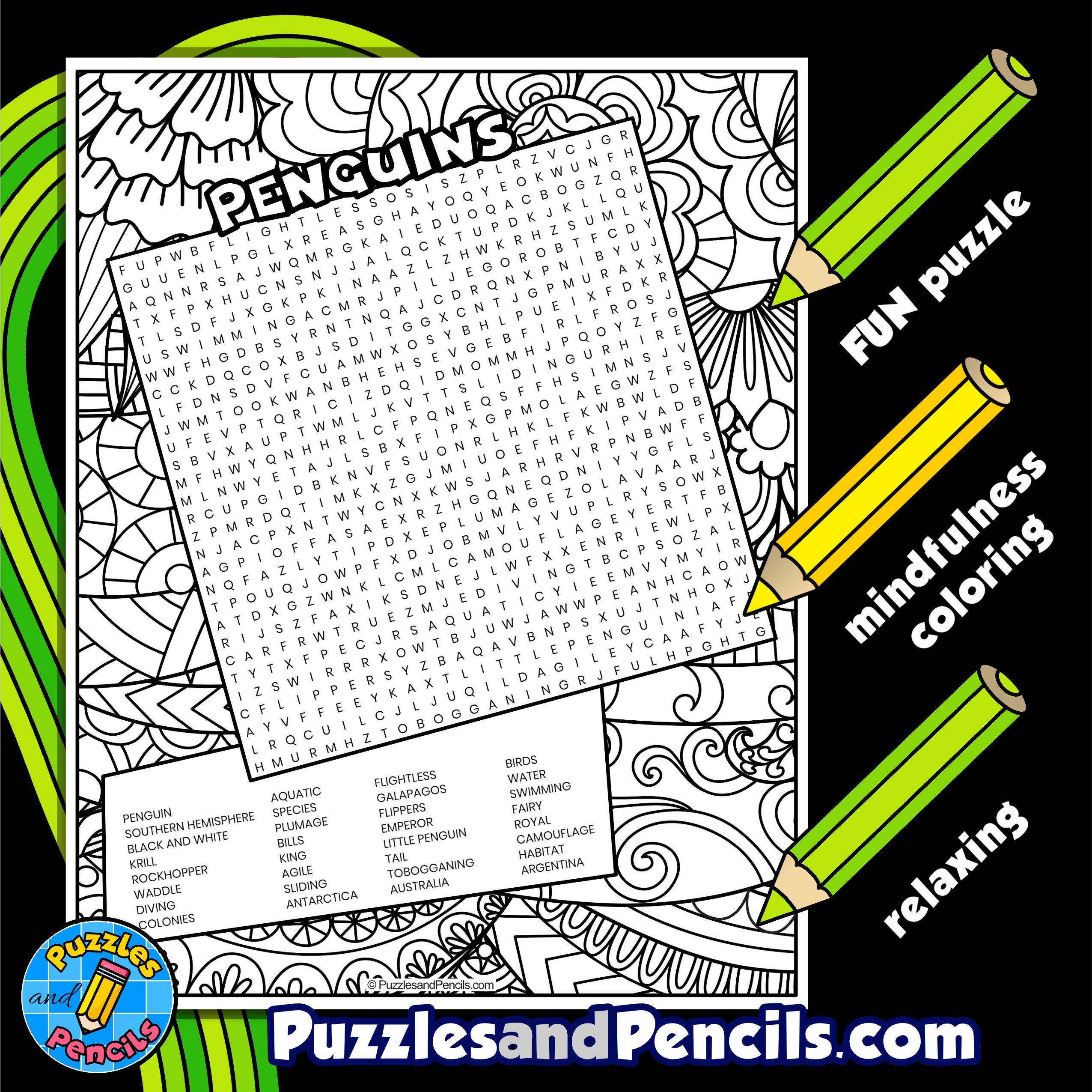 Penguins Word Search Puzzle Activity Page with Coloring | Made By Teachers