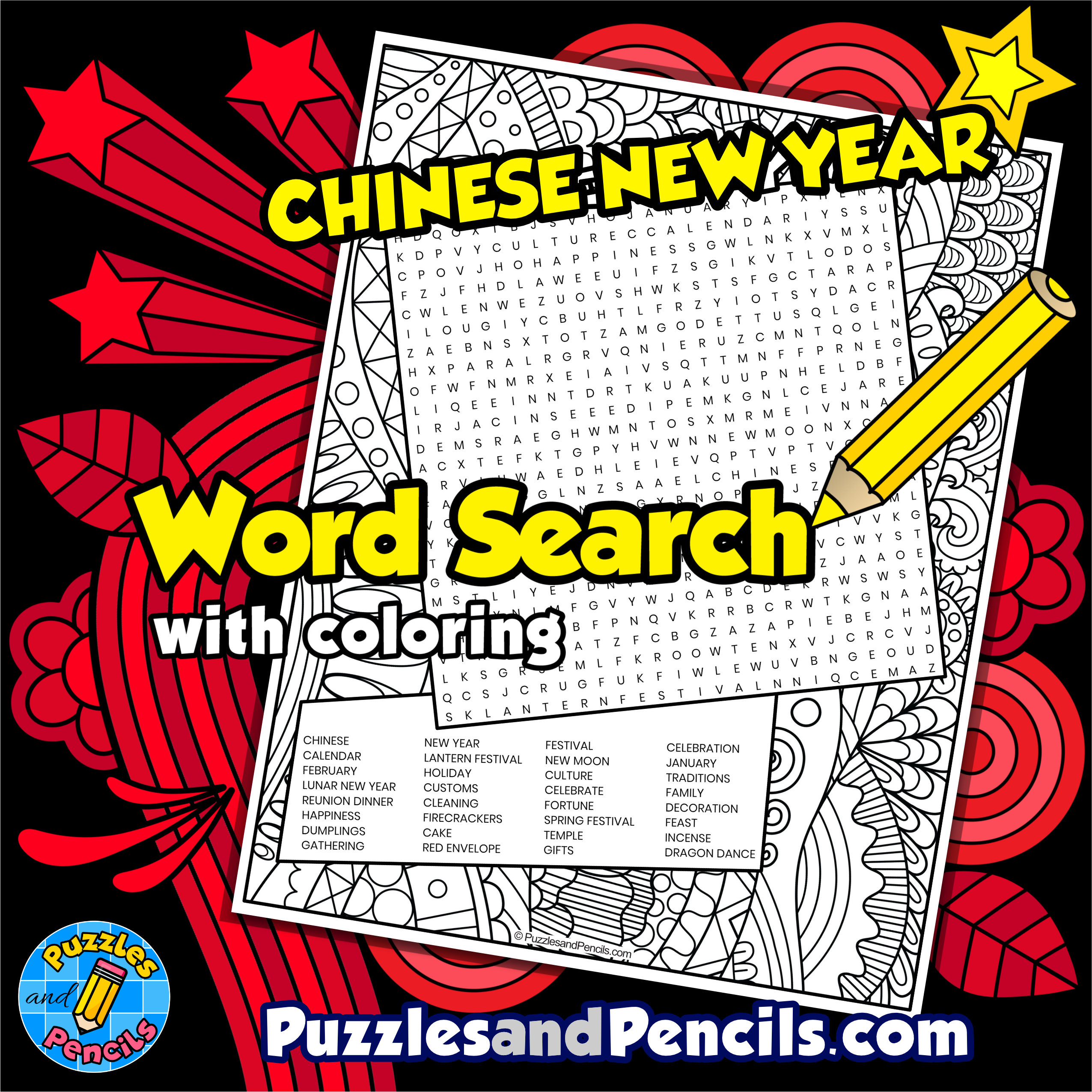 Chinese New Year Word Search Puzzle Activity Page with Coloring | Made ...