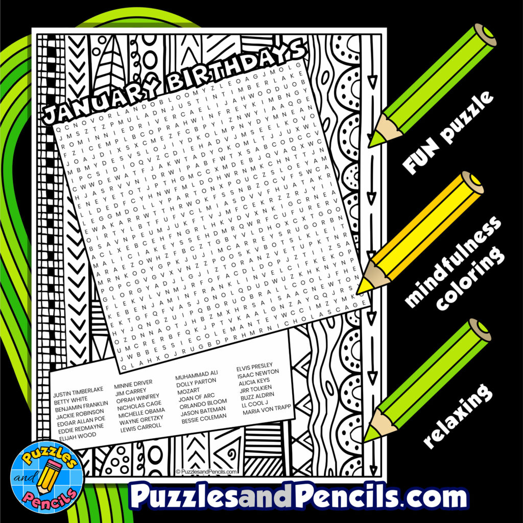 Famous January Birthdays Word Search Puzzle Activity Page with Coloring ...
