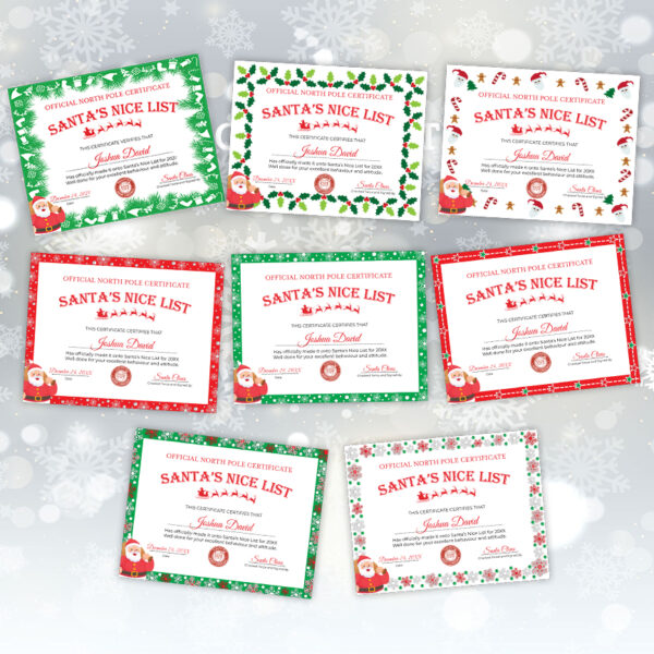 Editable Set of 8 Christmas Nice List Certificate Template Bundle ...