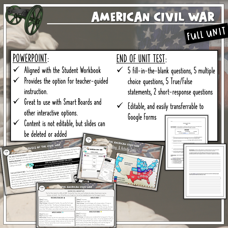 American Civil War Full Unit: Reading Passages, Activities, PowerPoint ...