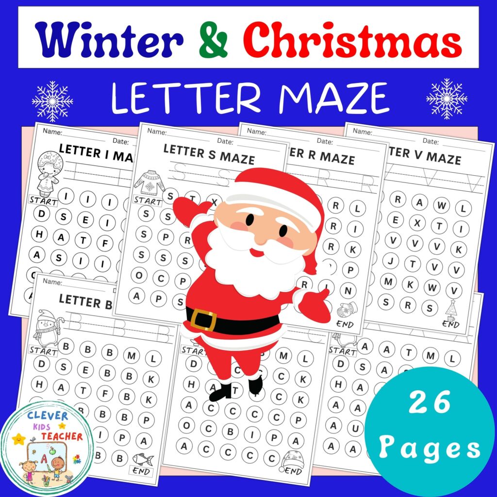 Winter Themed Alphabet Maze Worksheets | Christmas Letter Recognition ...