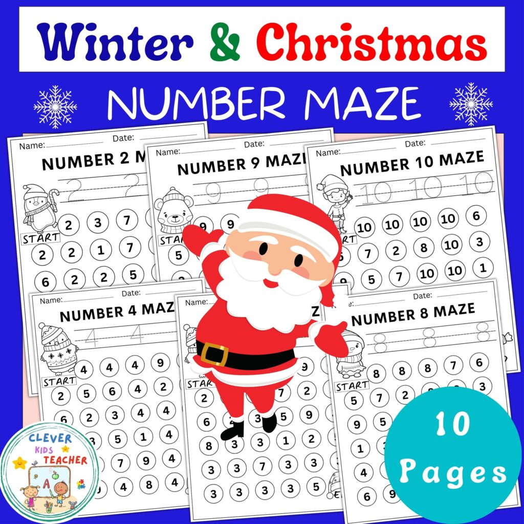 Winter Themed Number Mazes Worksheets | Christmas Numbers Recognition ...