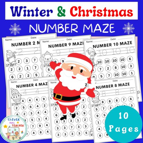 Winter Themed Number Mazes Worksheets | Christmas Numbers Recognition ...