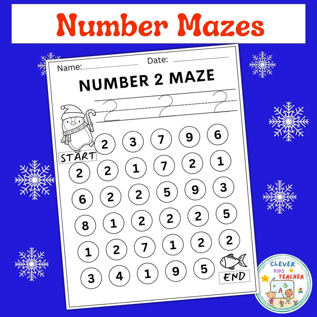 Winter Themed Number Mazes Worksheets | Christmas Numbers Recognition ...