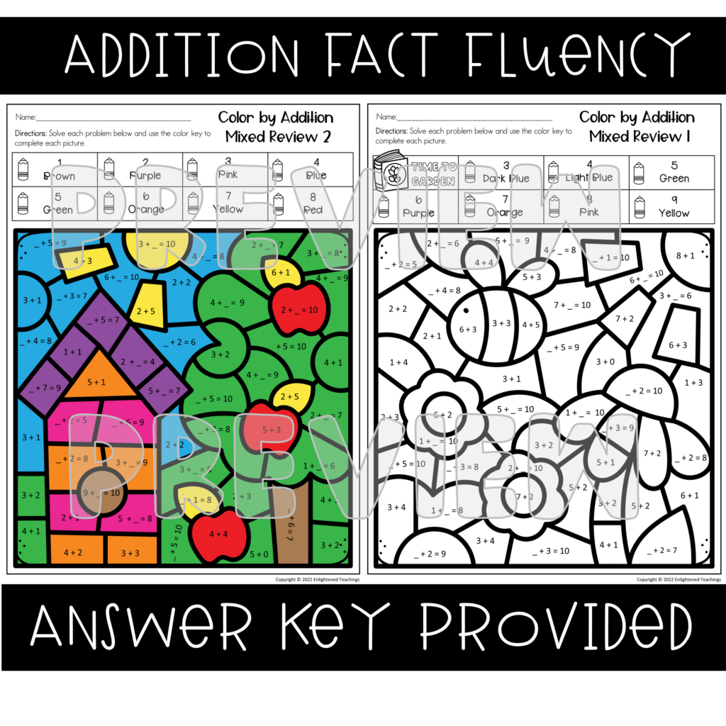 Garden Addition to 10 Color by Code Number NO PREP Coloring Worksheets ...