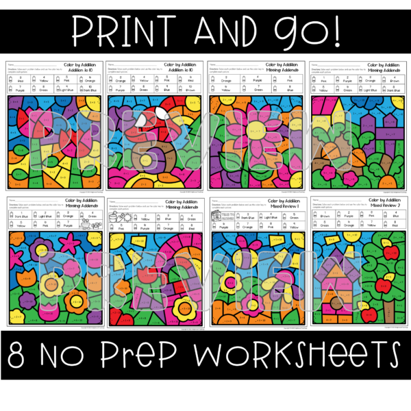 Garden Addition to 10 Color by Code Number NO PREP Coloring Worksheets ...
