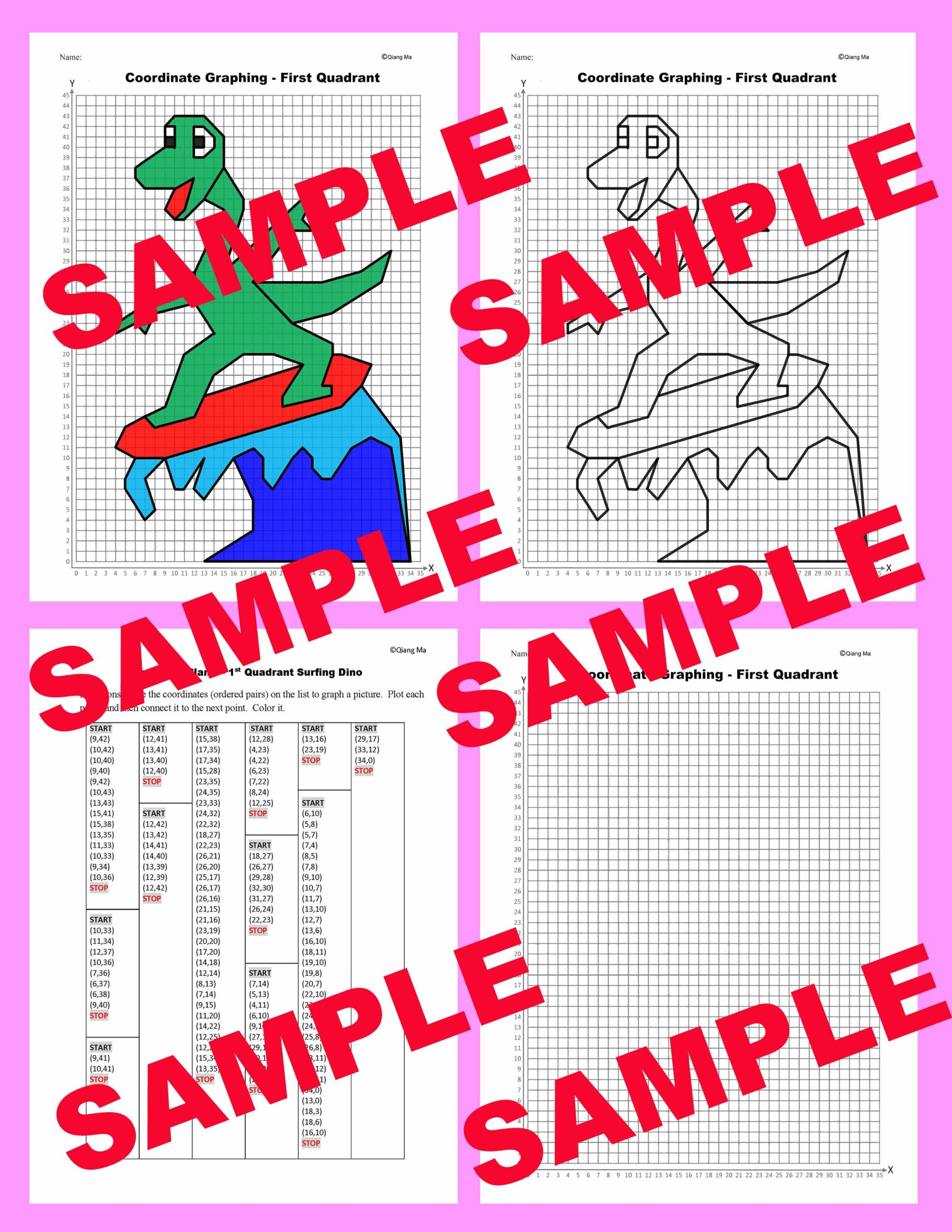 Summer Coordinate Plane Graphing Picture: Surfing Dino | Made By Teachers