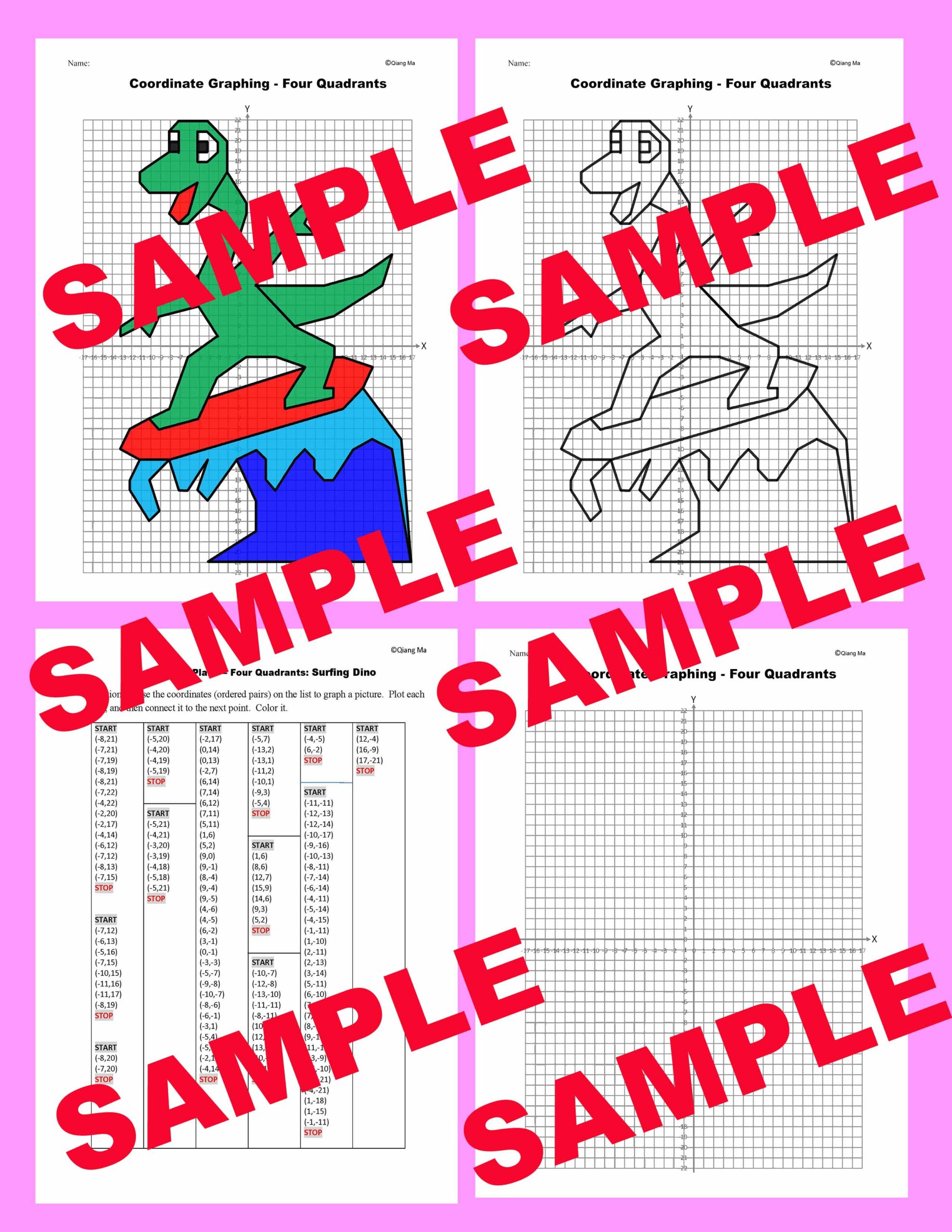 Summer Coordinate Plane Graphing Picture: Surfing Dino | Made By Teachers