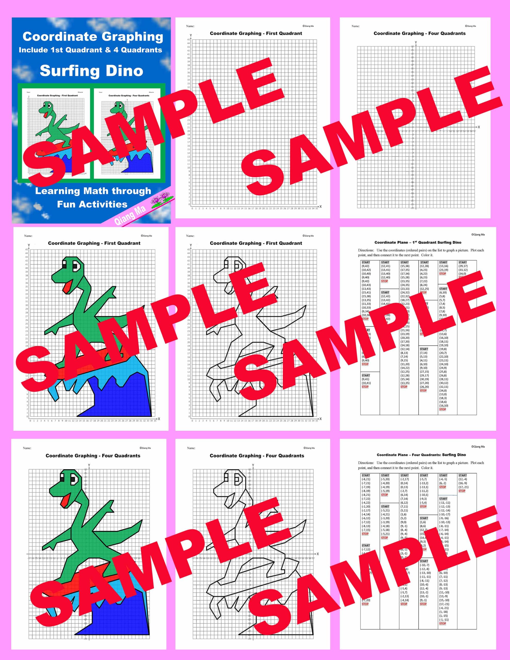 Summer Coordinate Plane Graphing Picture: Surfing Dino | Made By Teachers