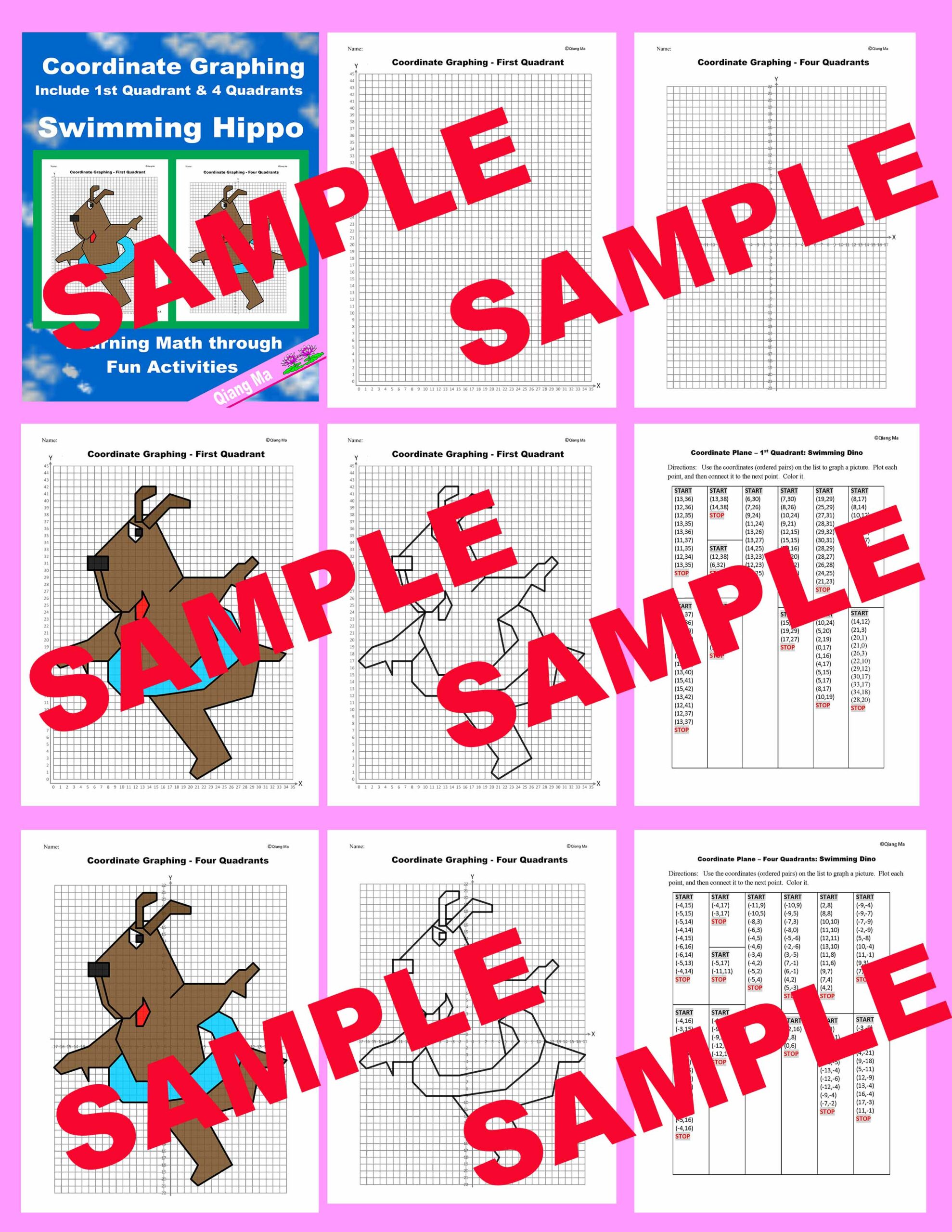 Summer Coordinate Plane Graphing Picture: Swimming Hippo | Made By Teachers