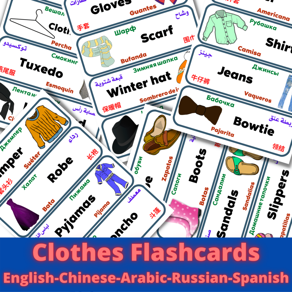 Multilingual ESL Clothes Flashcard Labels English Spanish Arabic ...