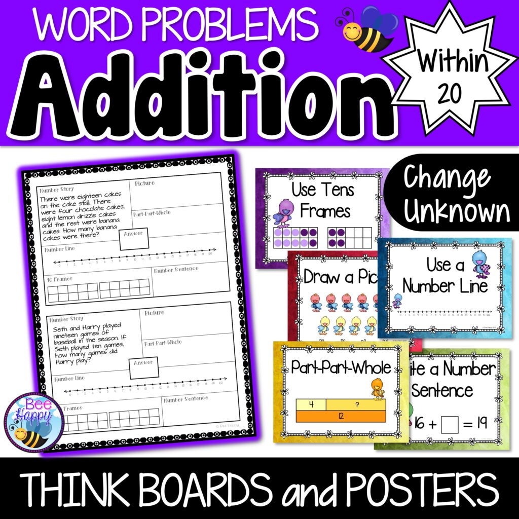 Addition Word Problems Within 20 | Change Unknown | Think Boards and ...