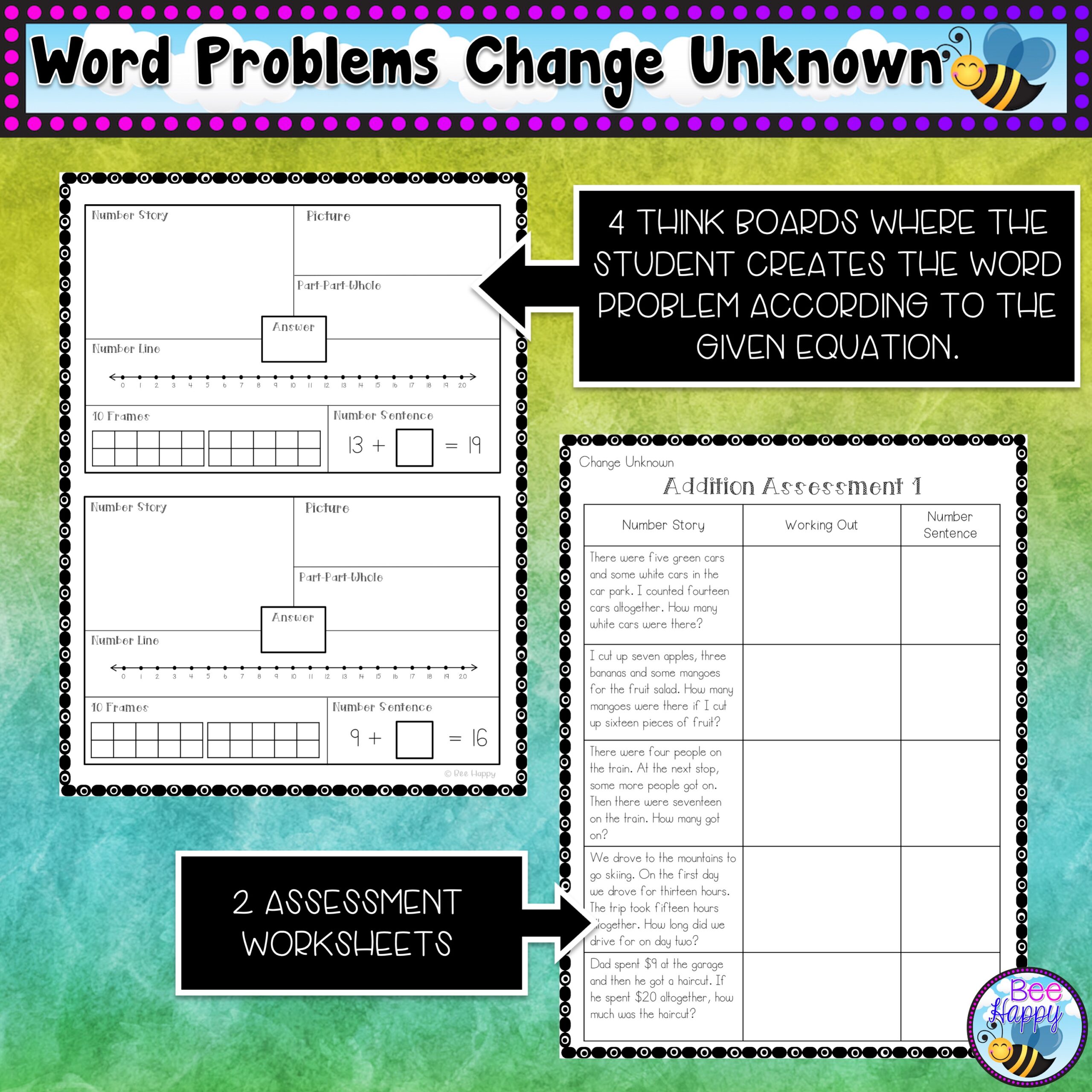 Addition Word Problems Within 20 | Change Unknown | Think Boards and ...