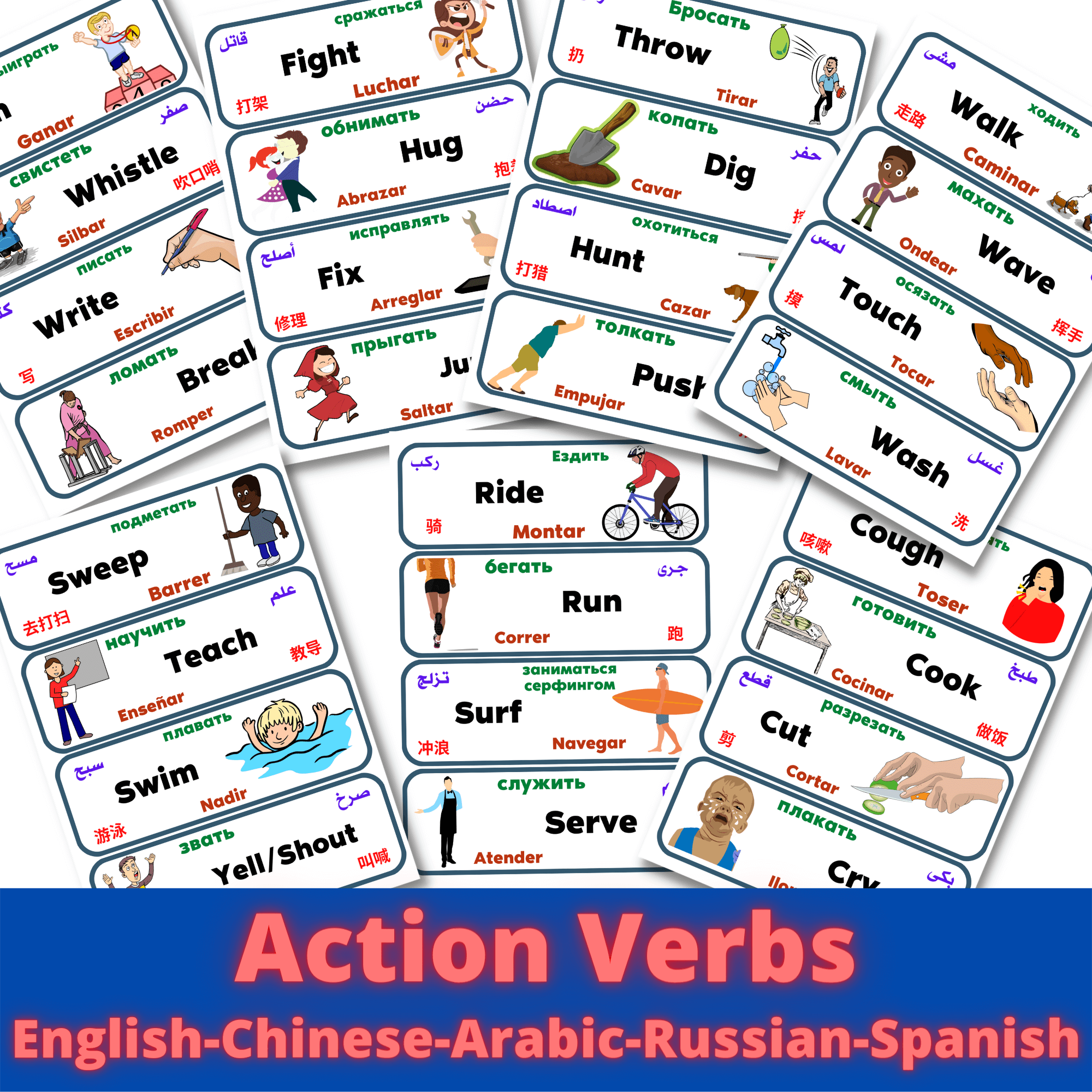 Multilingual ESL Action Verbs In English Spanish Arabic Chinese Russian Multilingual ESL Action Verbs In English Spanish Arabic Chinese Russian