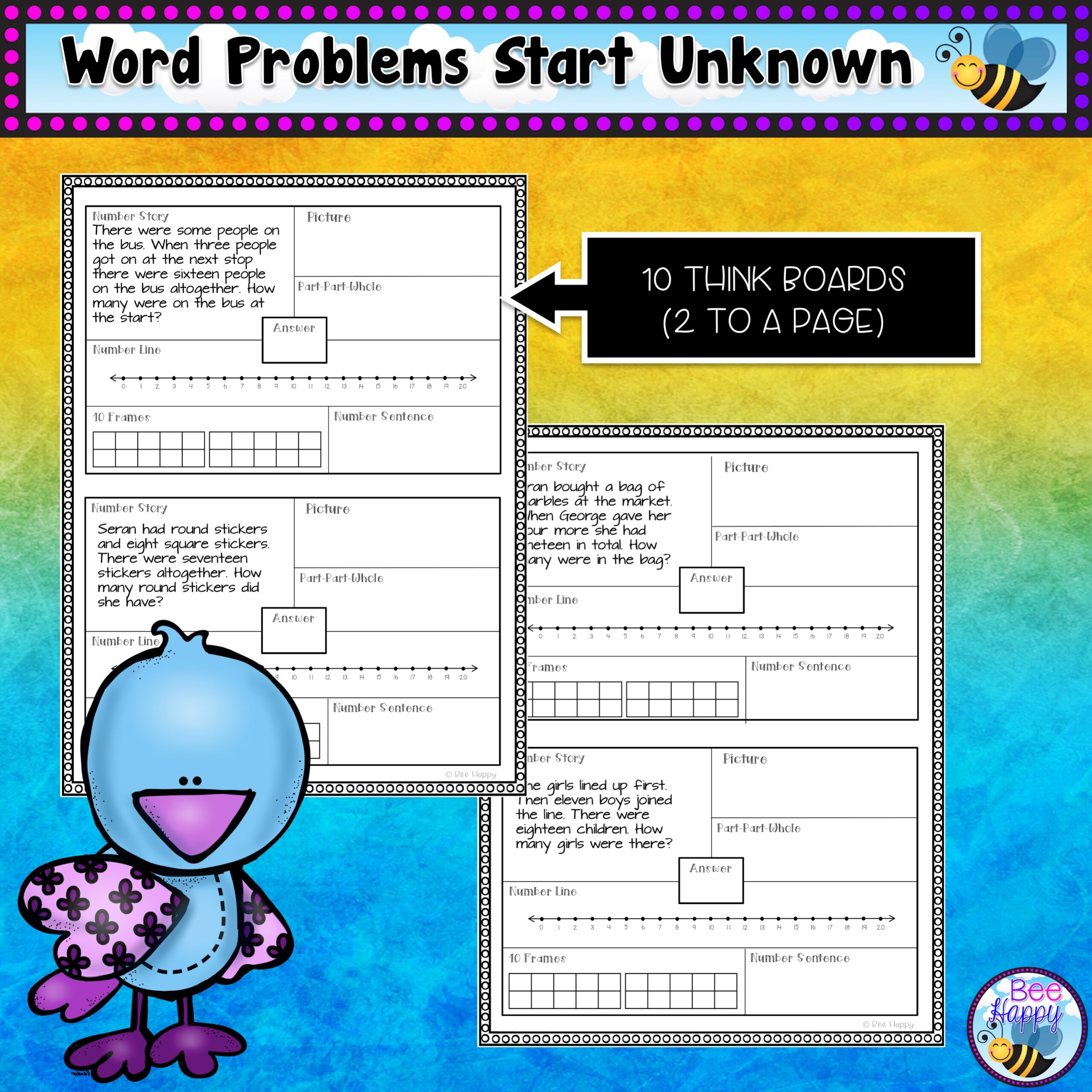 Addition Word Problems Within 20 | Start Unknown | Think Boards and ...