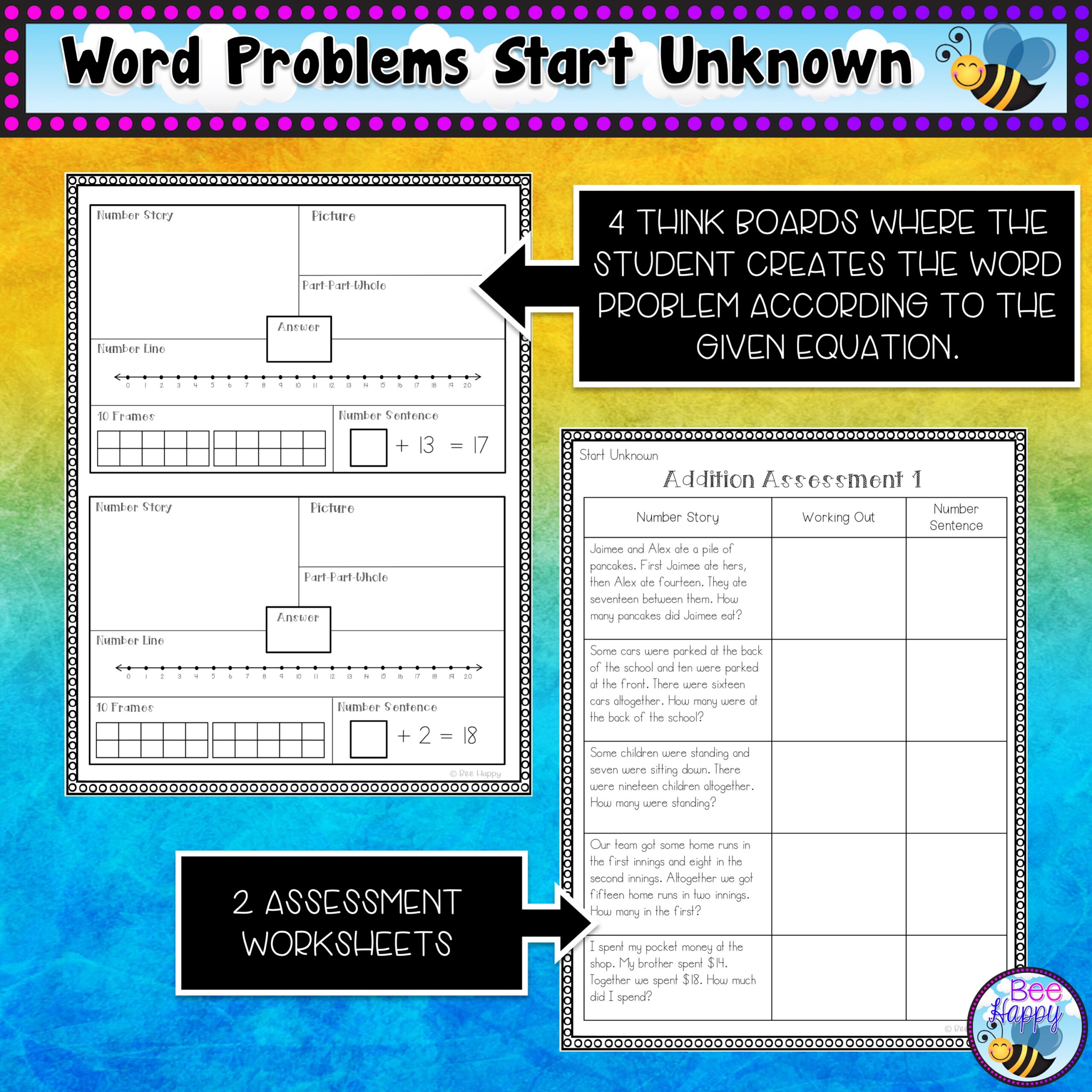 Addition Word Problems Within 20 | Start Unknown | Think Boards and ...