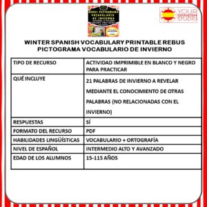 WINTER SPANISH VOCABULARY PRINTABLE REBUS PICTOGRAMA VOCABULARIO DE ...